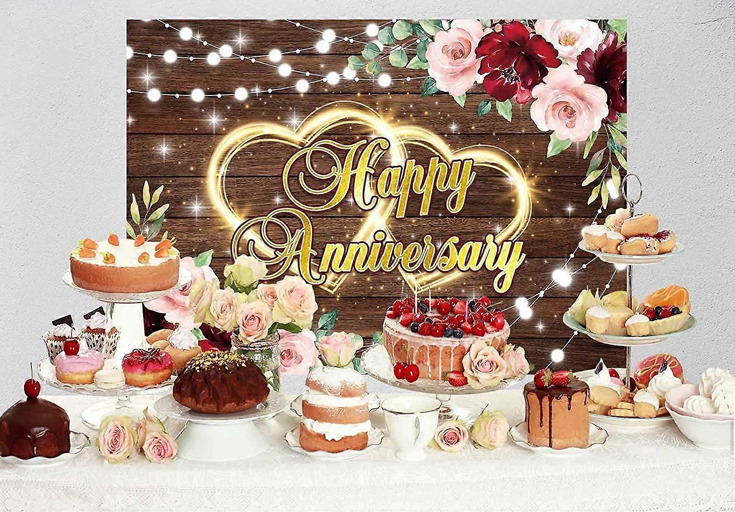 YOITEA 7X5FT Happy Anniversary Backdrop Heart Burgundy Flower Rustic ...