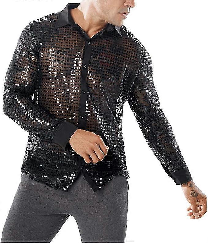 Mens Shiny Sequined Mesh Top, 60s 70s Disco Dance Shirt | Fruugo UK