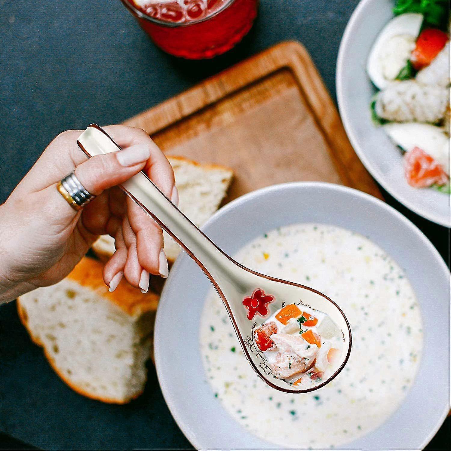 4 Pieces Asian Retro Chinese Ceramic Rice Spoons Curved Handle Ramen ...