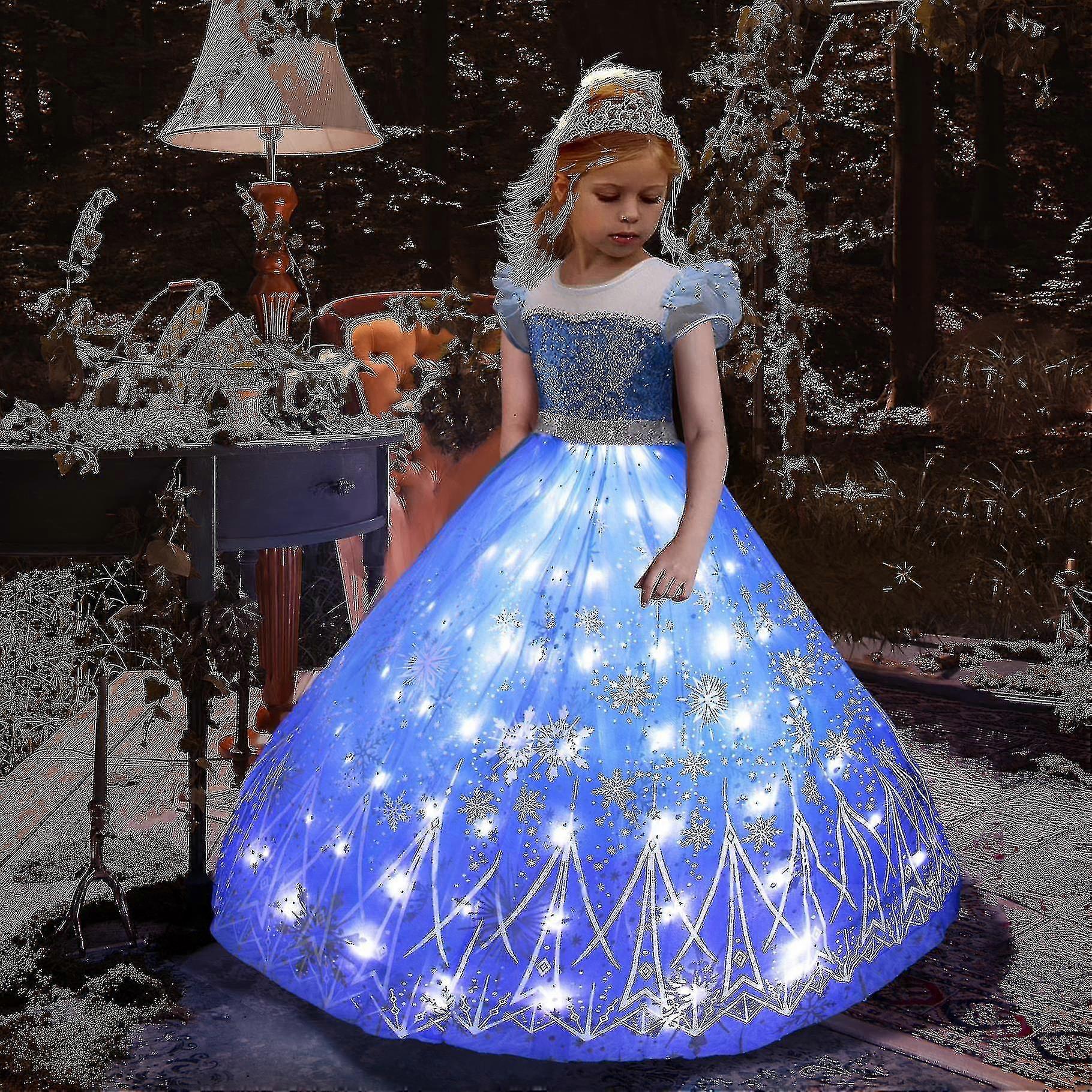 Anna Elsa Led Glowing Dress Girls Christmas Role Play Party Dress Snow ...