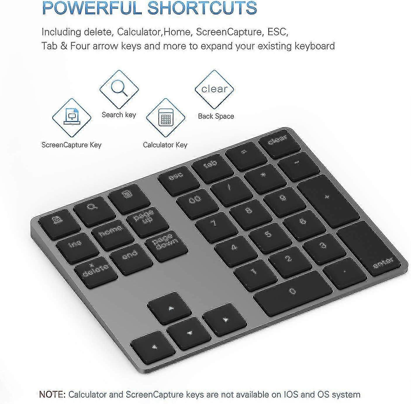 Bluetooth Number Pad, Aluminum Rechargeable Wireless Numeric Keypad Slim 34-keys External Numpad ...