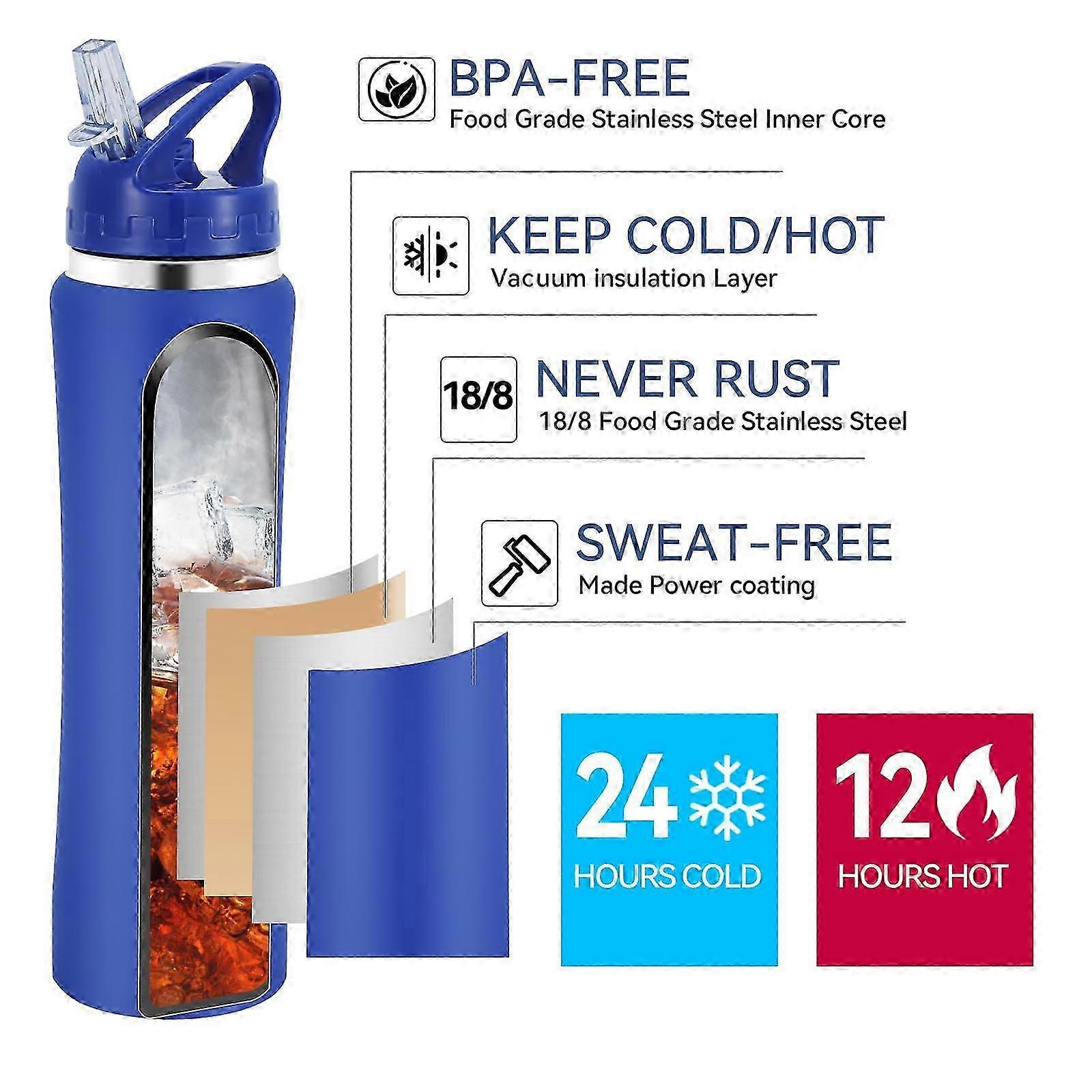 Insulated Stainless Steel Water Bottle 750ml with Straw, Double Wall Leakproof, Keeps Hot/Cold ...