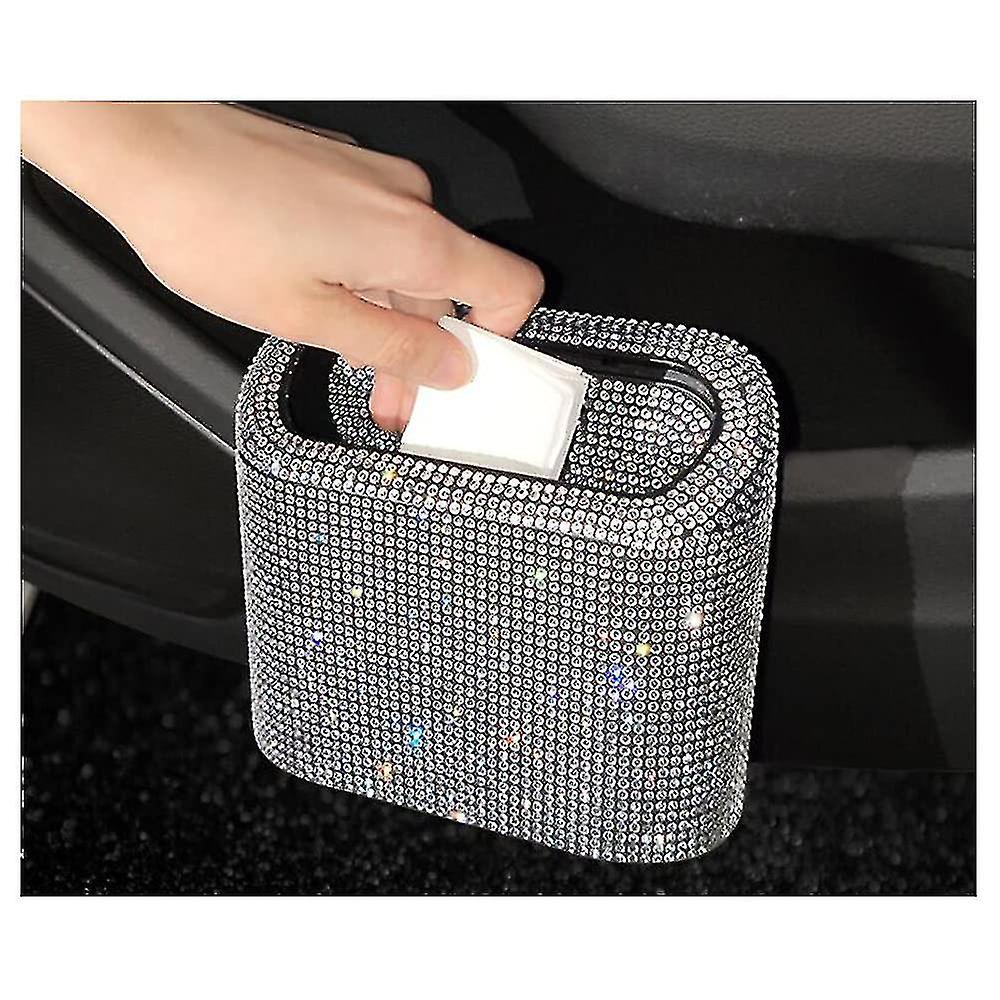 Rhinestone Car Trash Can With Lid, Mini Crystal Hanging Car Trash Can ...