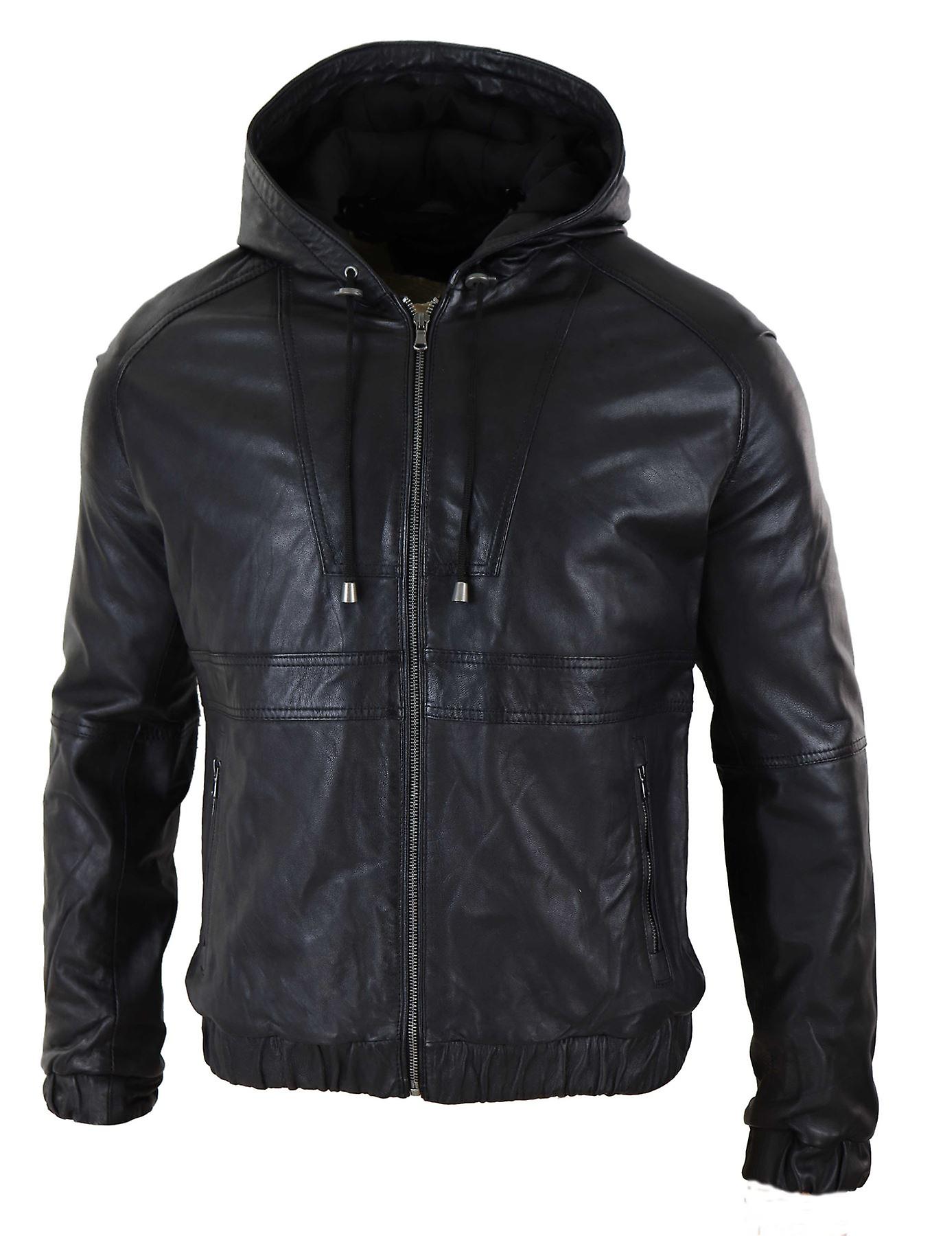 Men's Real Leather Hood Bomber Jacket Zipped Tailored Fit Casual ...