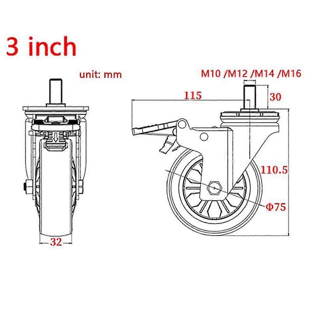 Caster Wheels,4 Pcs M16 Thread Heavy Duty Wheels With Brake Universal ...