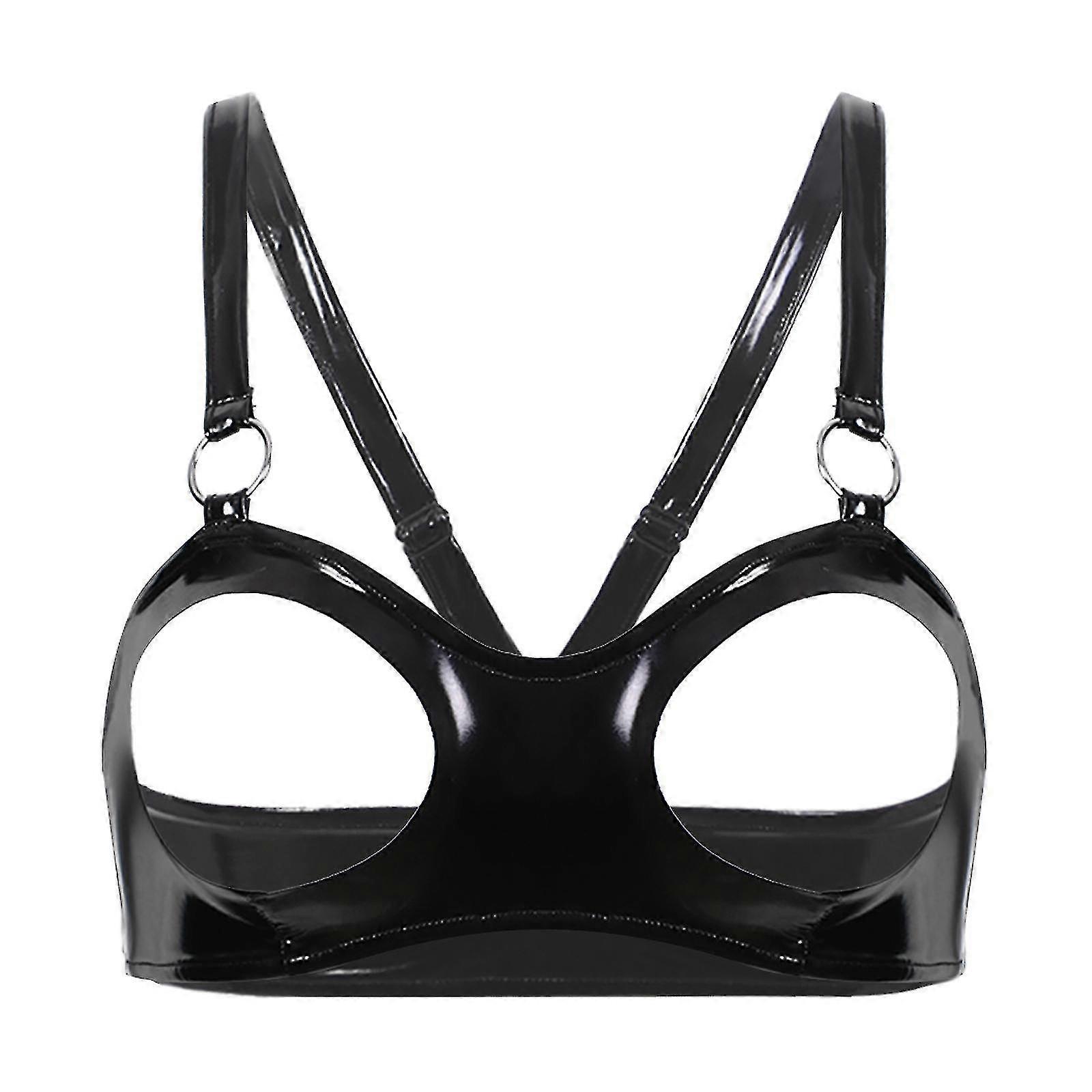 Otwoo Womens Wet Look Patent Leather Bra Lingerie Halter Neck Open ...