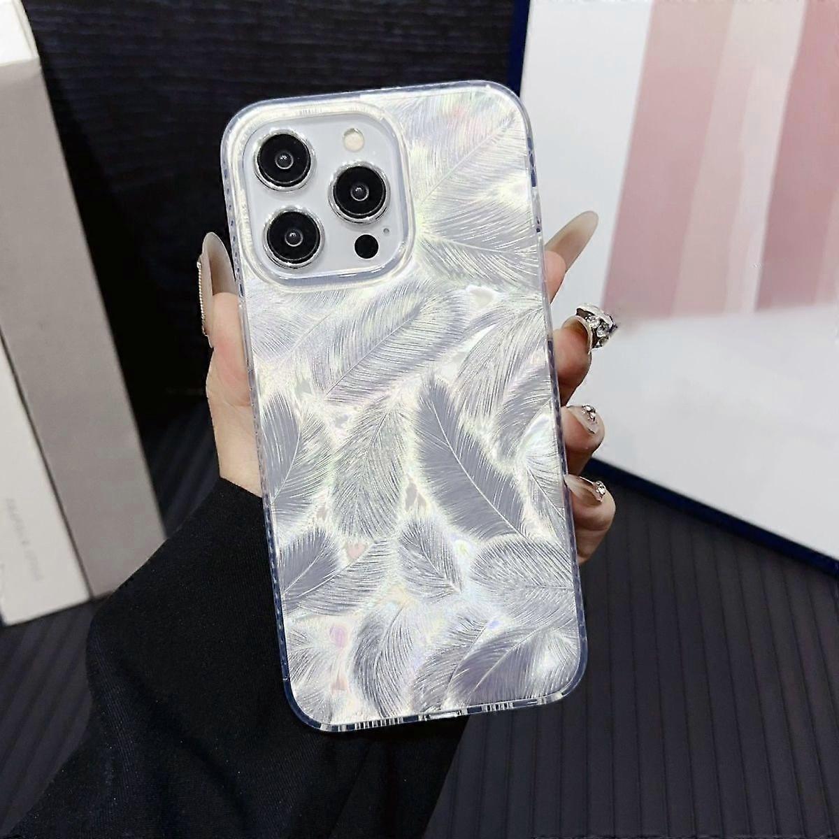 For iPhone 13 Pro Case Silver Feather Pattern Laser Process Shockproof ...