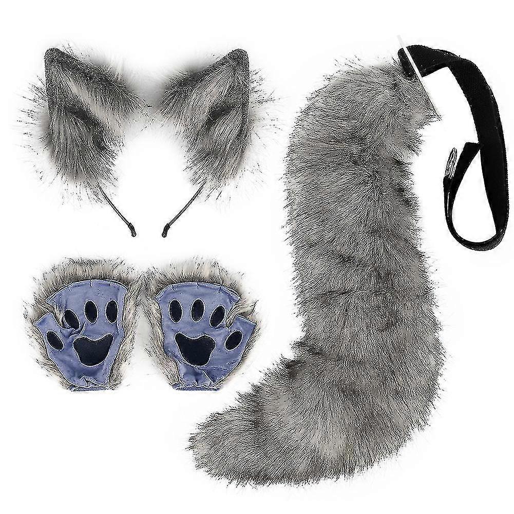 Faux Fur Fox Tail Cat Wolf Cosplay Costume Set Plush Mask Fluffy Paw ...