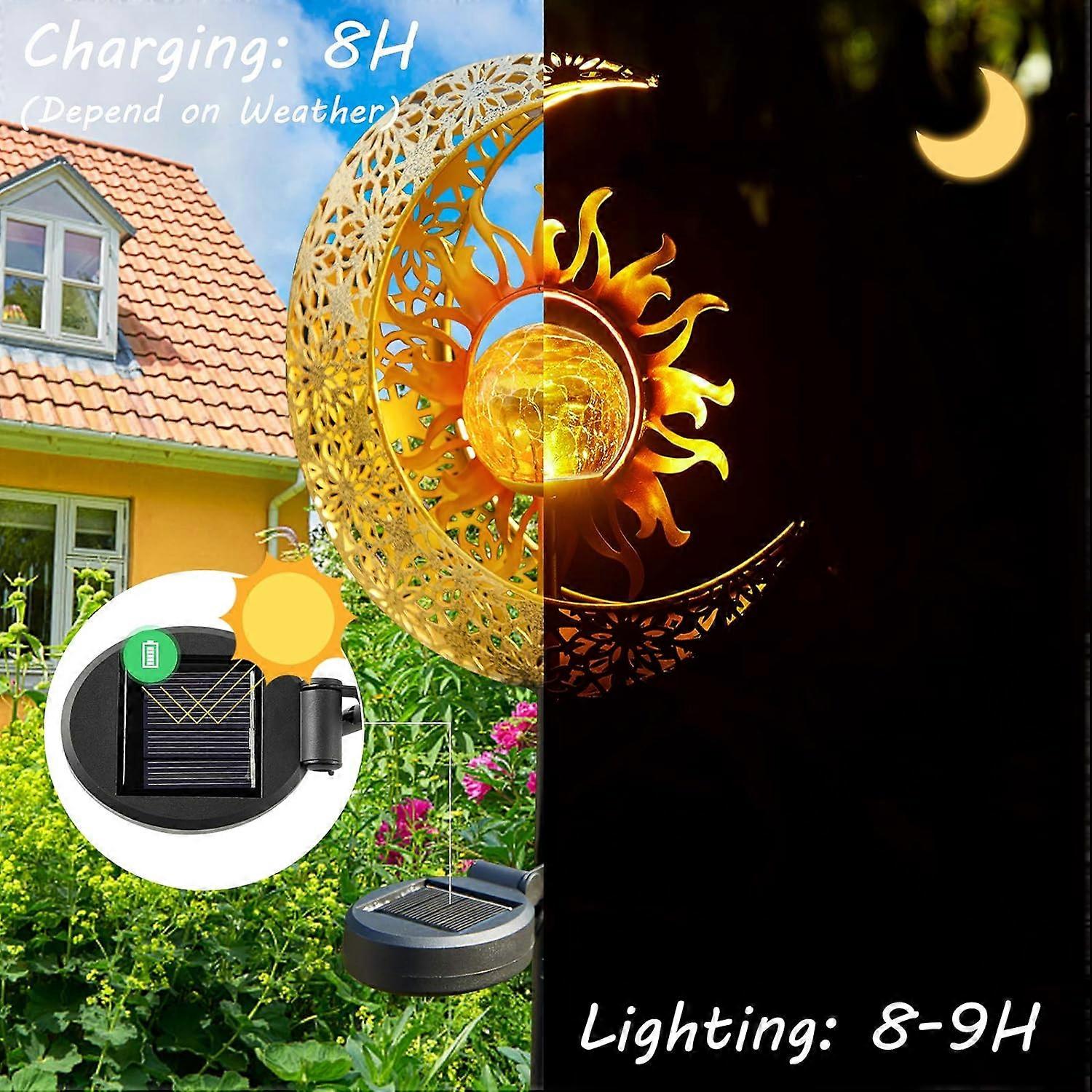 Garden Solar Lights Outdoor Decorative, Sun & Moon Crackle Glass Globe ...