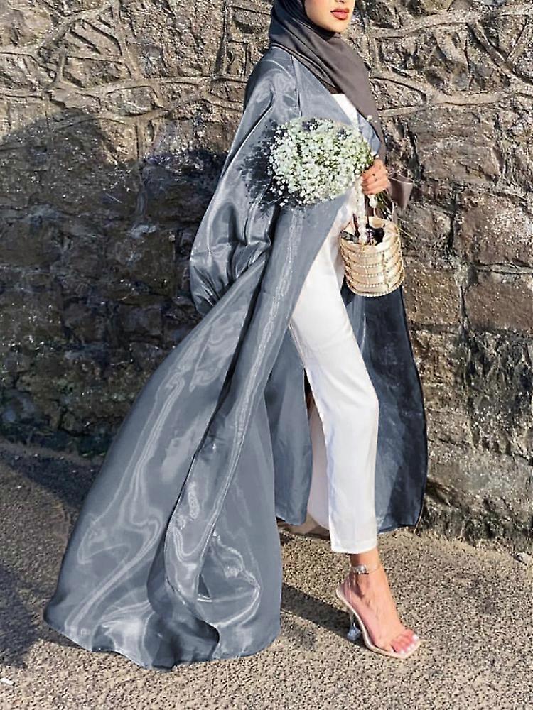 Summer Ramadan Eid Abaya Dubai Shiny Puff Sleeves Silky Muslim Dress Turkey Islam Open Abayas ...