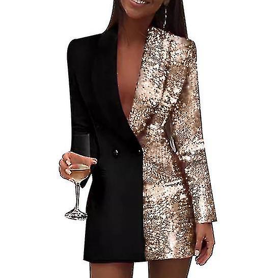 Women Fashion Colorblock Sequins Long Sleeve Double Breasted Bodycon ...