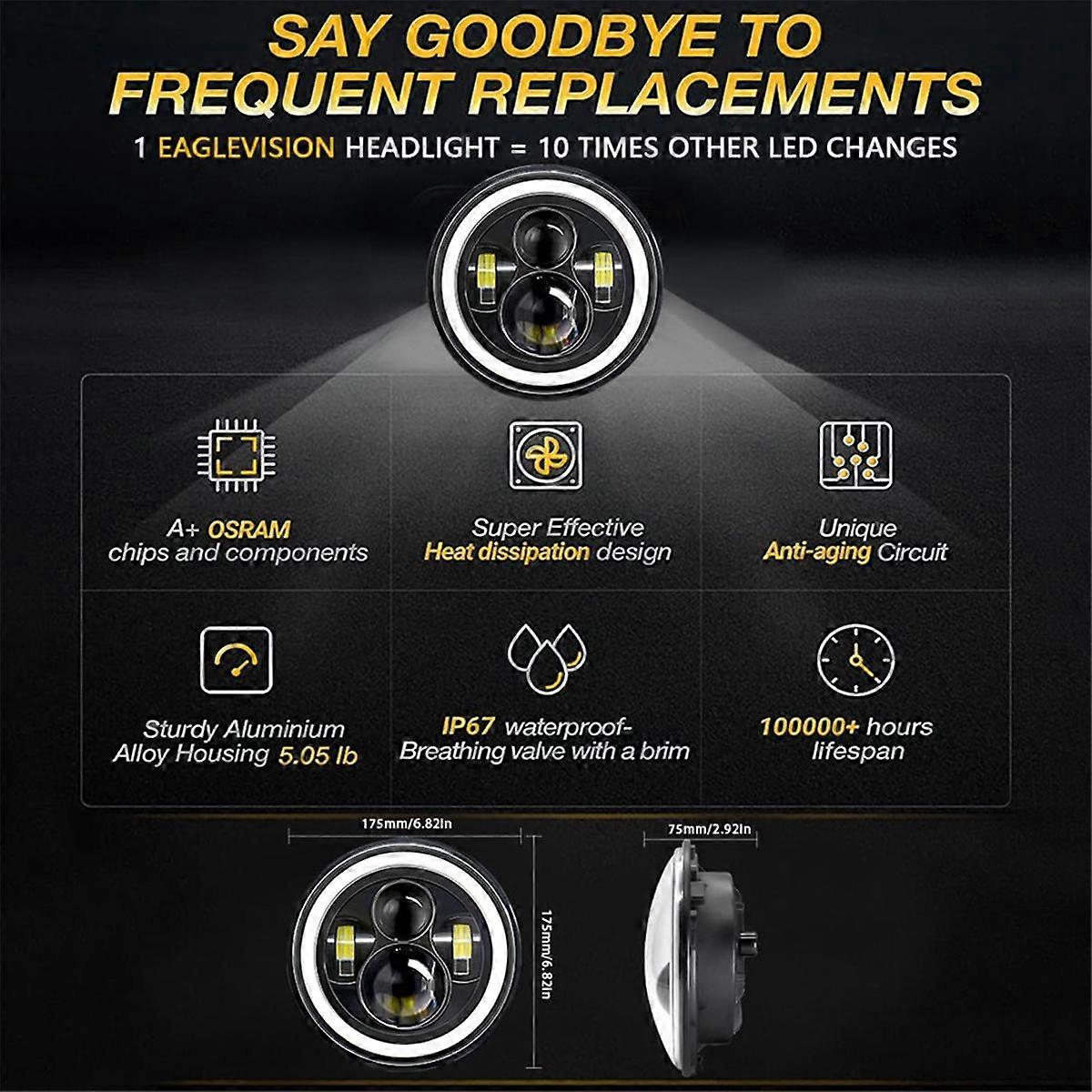 7 Inch Halo LED Headlight Hi/Lo Beam with Red DRL Amber Turn Signal ...