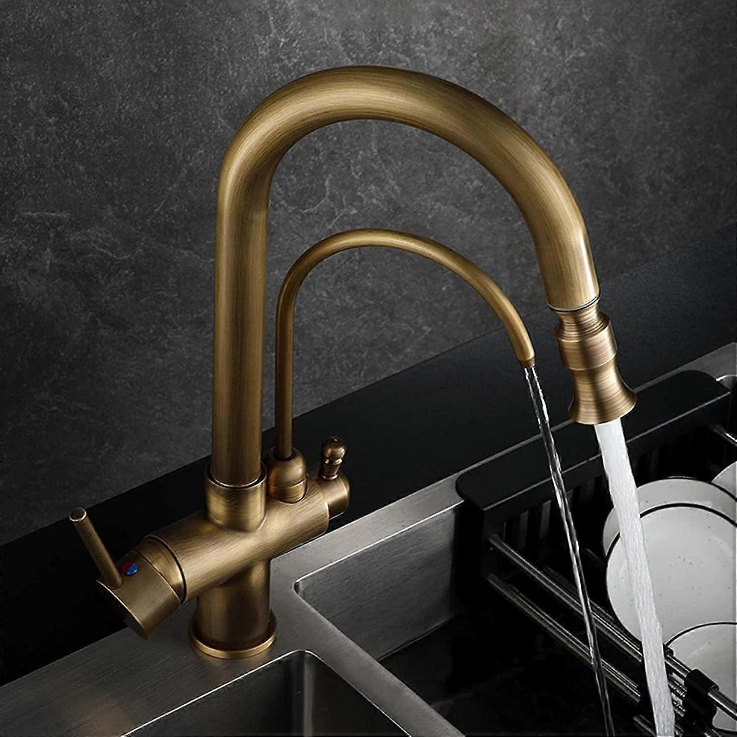 3-way kitchen faucets with pull-out spray Antique brass 3-in-1 sink ...