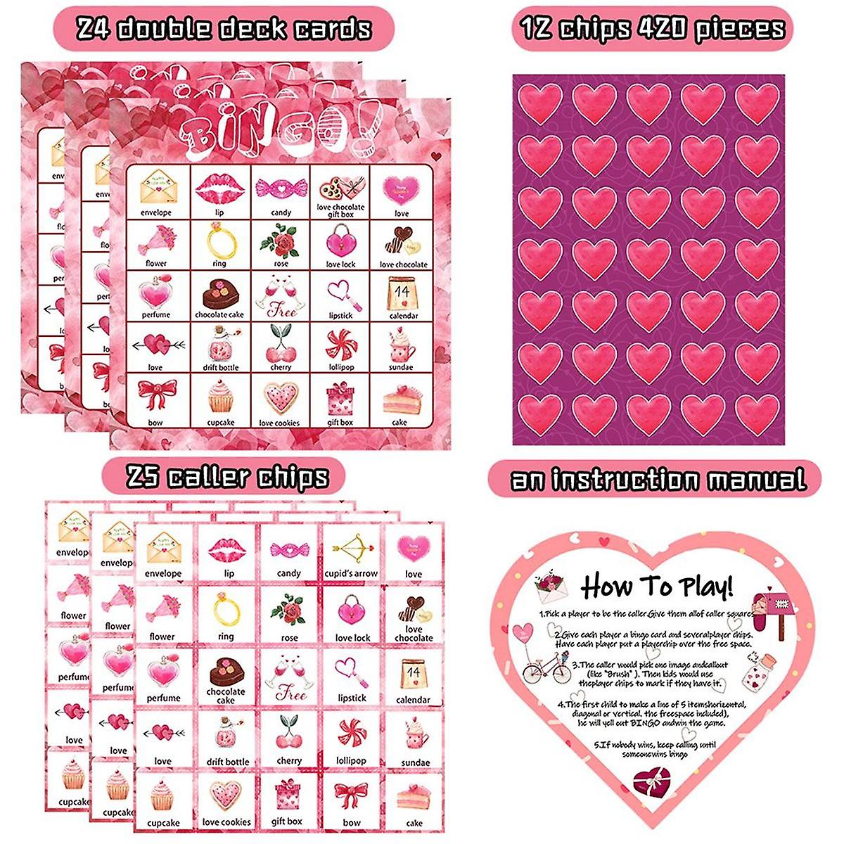 Valentines Day Bingo Game Cards 24 Players for Kids Party Card Games ...