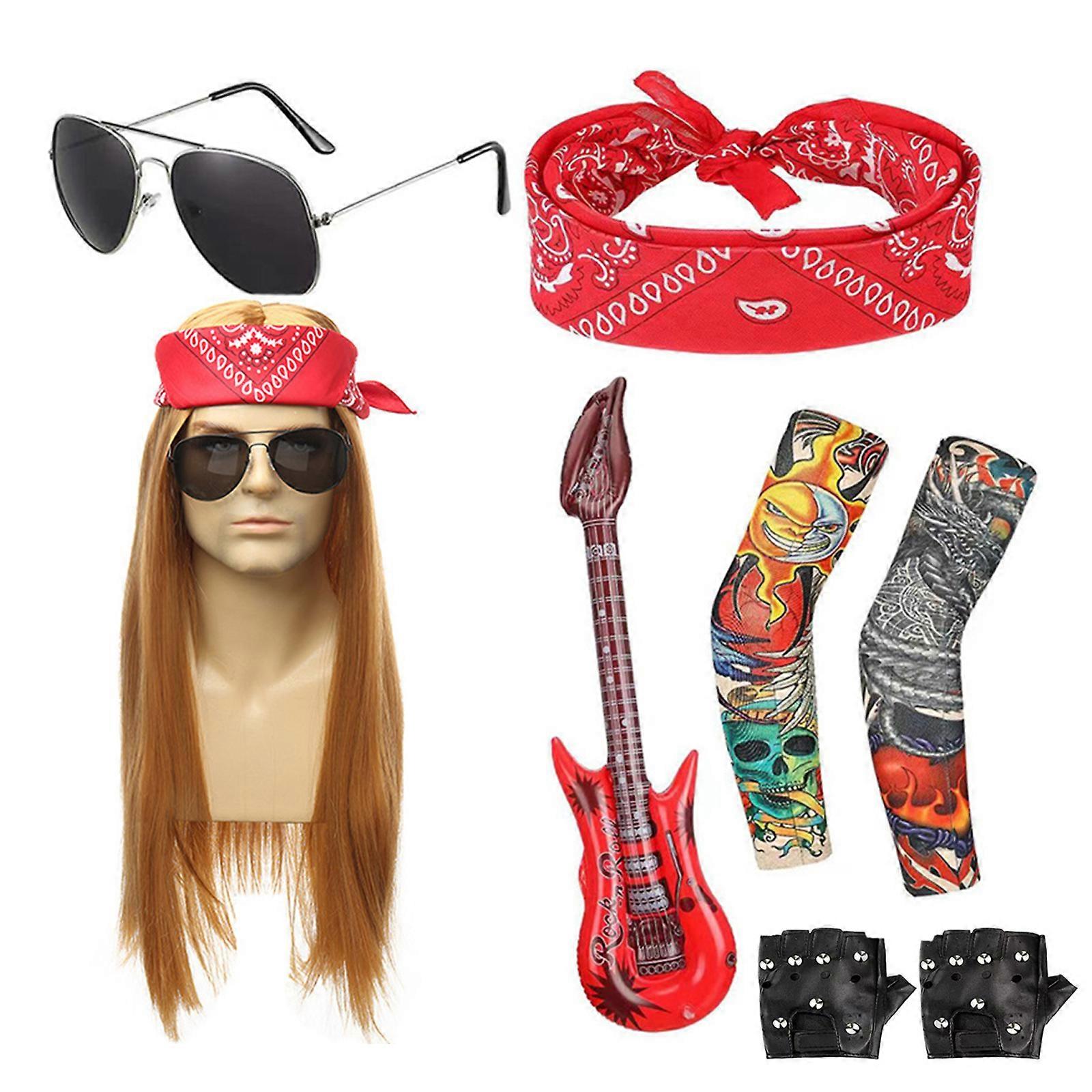 80s Rocker Costume Wig Men Hippie Wig with Bandana Sunglasses Sleeves ...