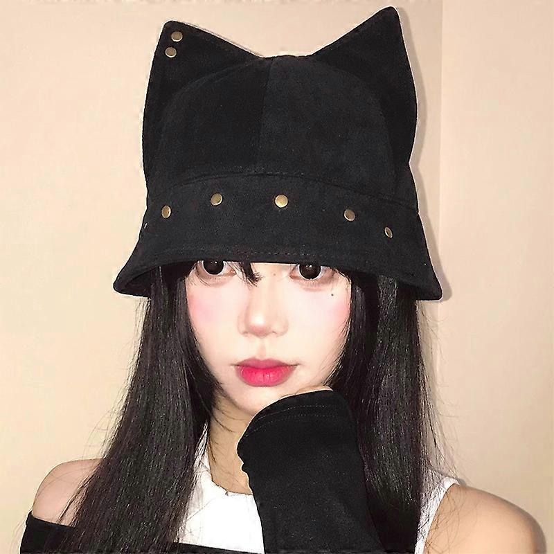 Cute Funny Cat Ear Bucket Hat Fashion Vintage Rivet Versatile Casual ...
