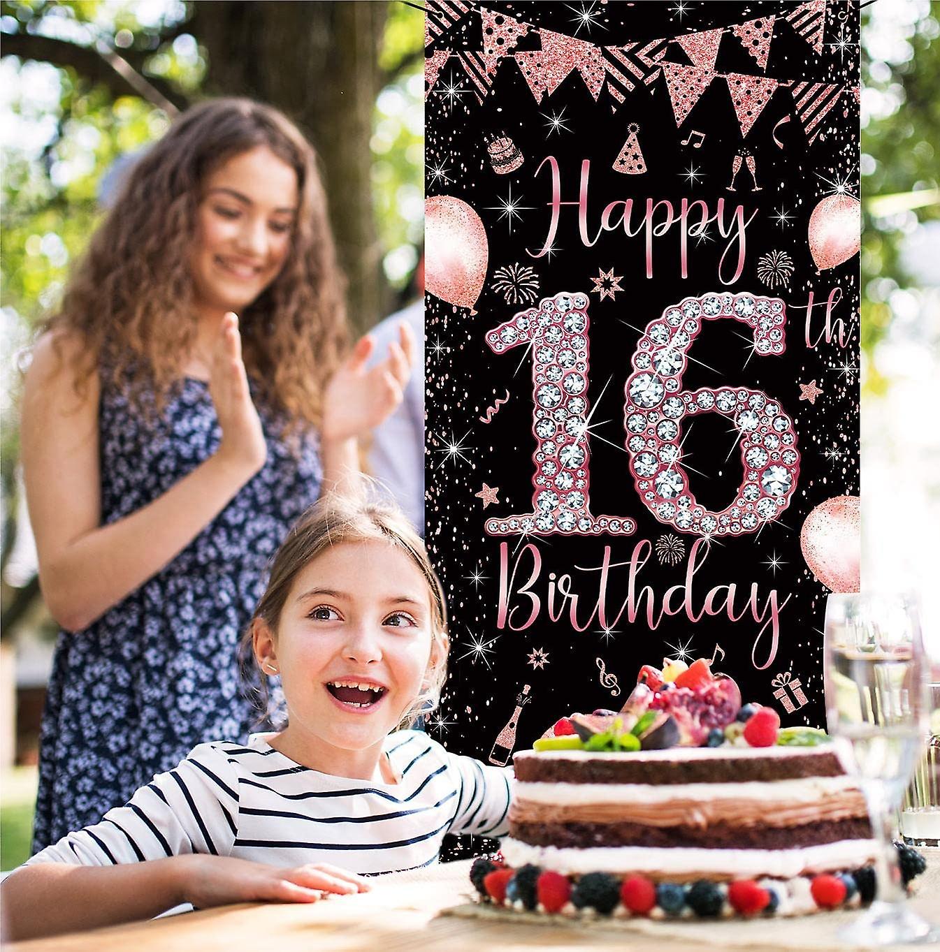 Pink Happy 16th Birthday Door Banner 3x6ft Girl Sweet 16th Diamond Door ...