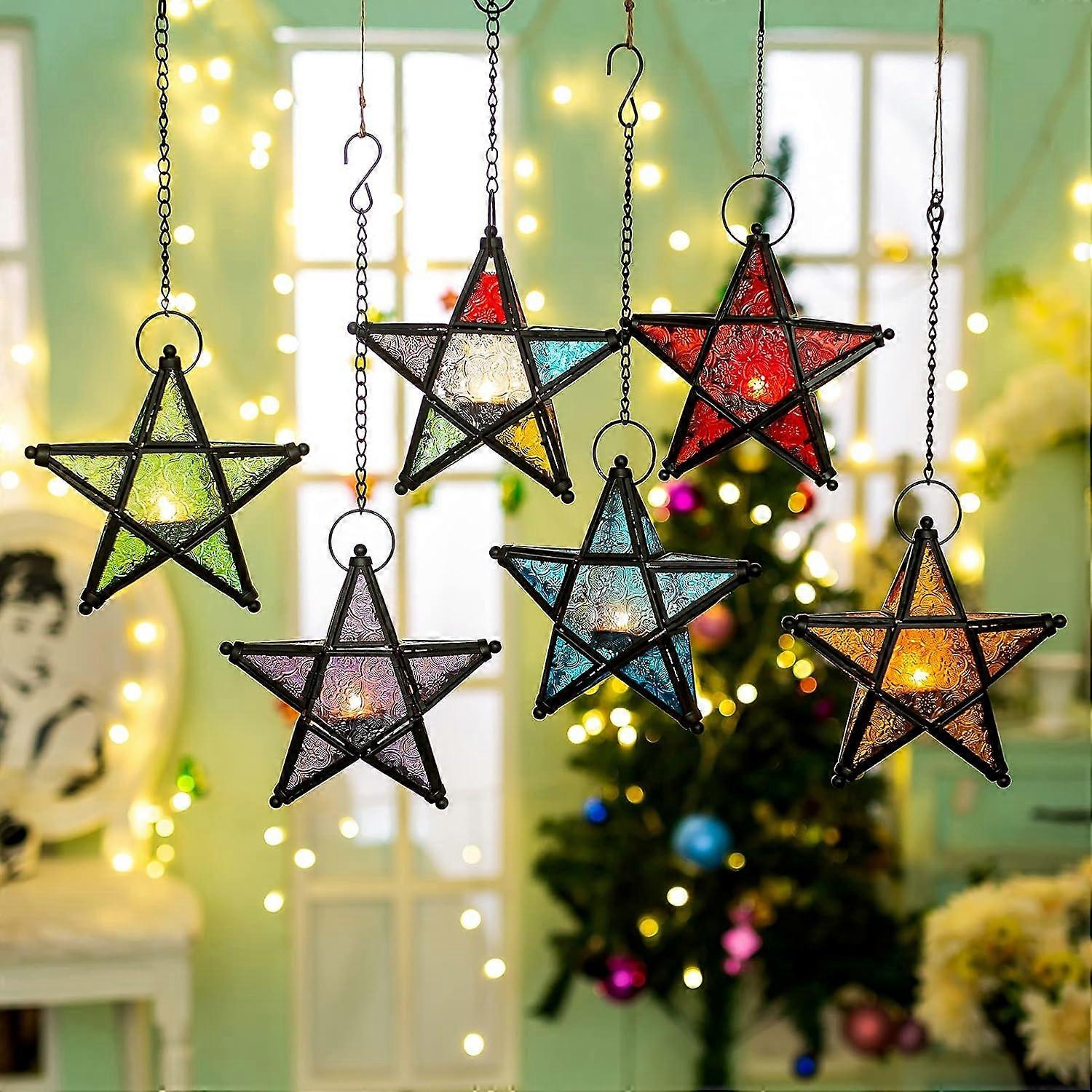 Glass Star Lantern Hanging Ornaments - Tea Light Lantern Window ...