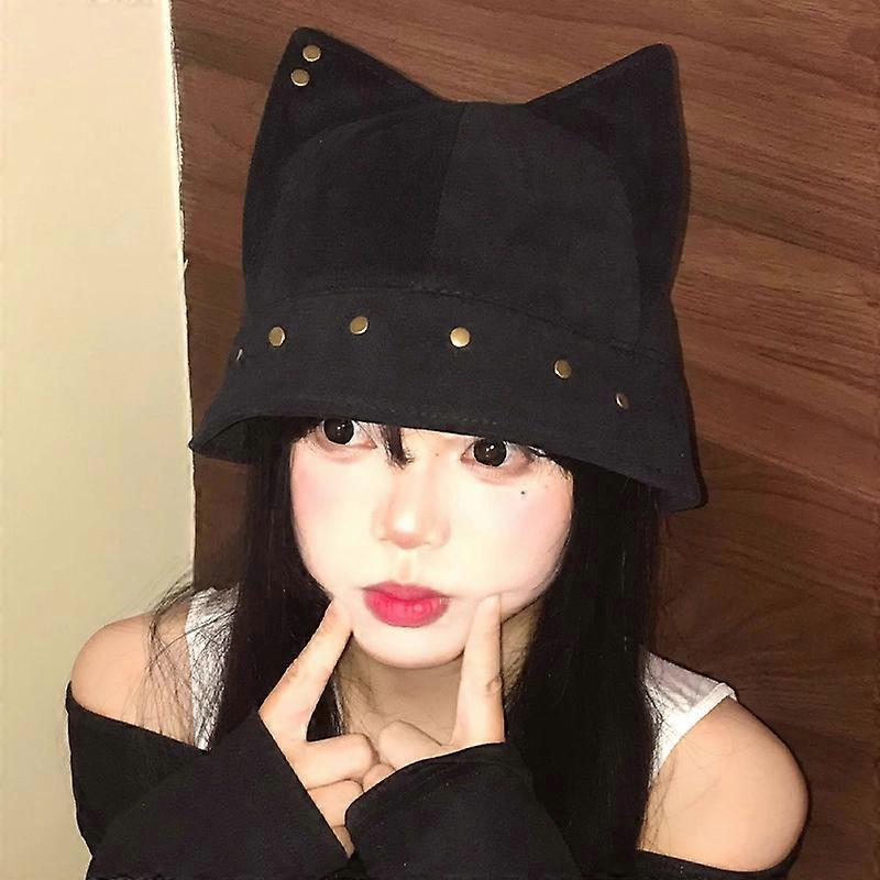 Cute Funny Cat Ear Bucket Hat Fashion Vintage Rivet Versatile Casual ...