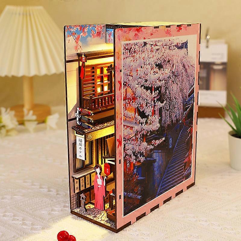 DIY Wooden Book Nook Shelf Insert Kits Miniature Japanese Cherry Blossom Bookends Town Doll ...