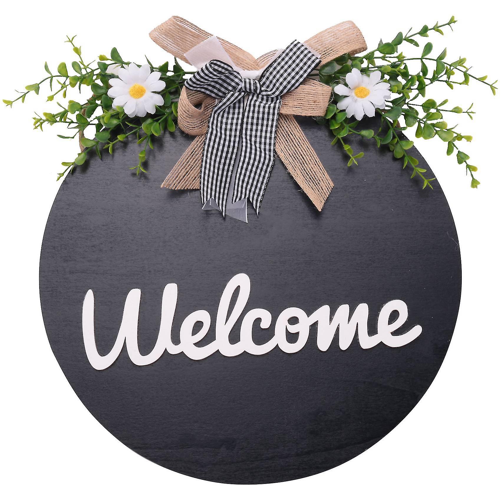 Welcome Wreath Sign Front Door Porch Decor Rustic Round Wooden Hanging ...