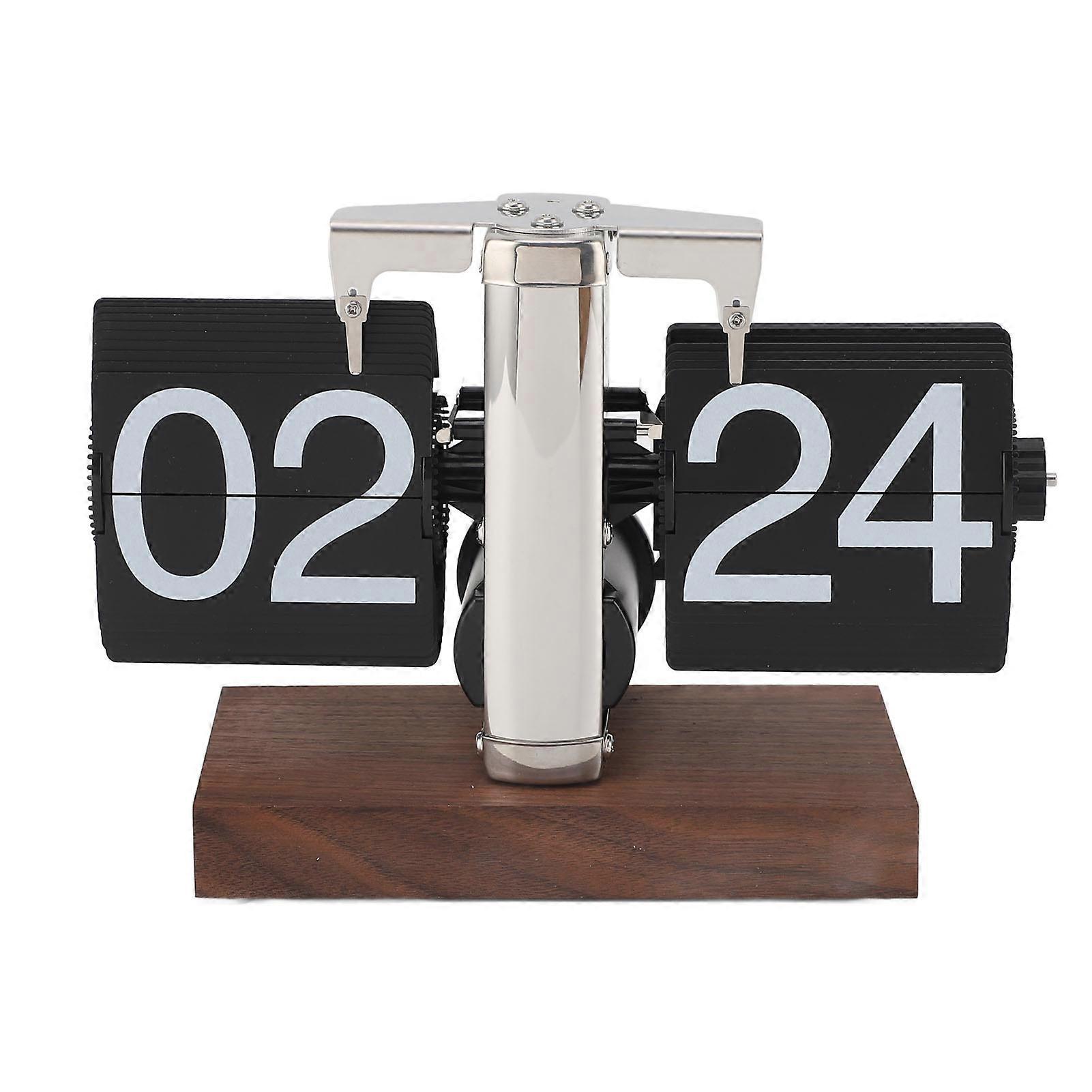 Flip Desk Clock Auto Mechanical Flip 24H Wood Base Stainless Steel ...