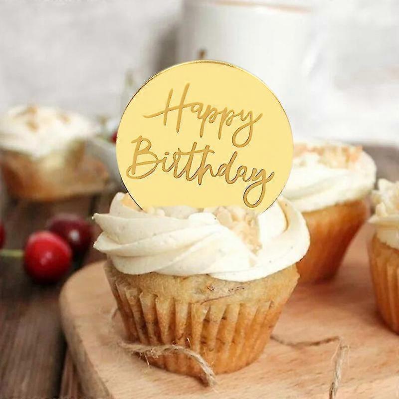 5/10pcs Happy Birthday Cupcake Toppers Gold Acrylic Circle Dessert Cake ...