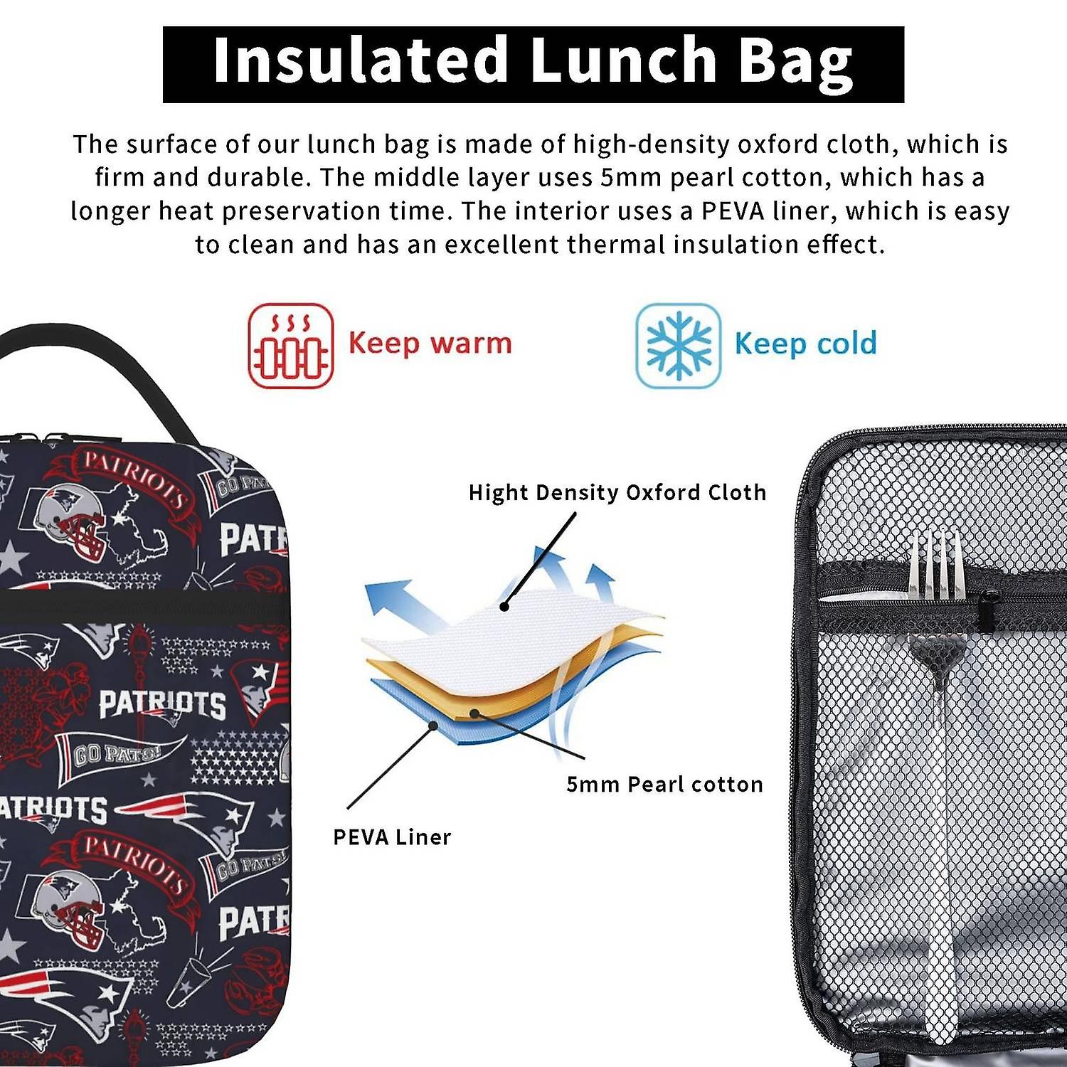 New England Patriots Football Lunch Bag, Insulated Lunch Box Cooler ...