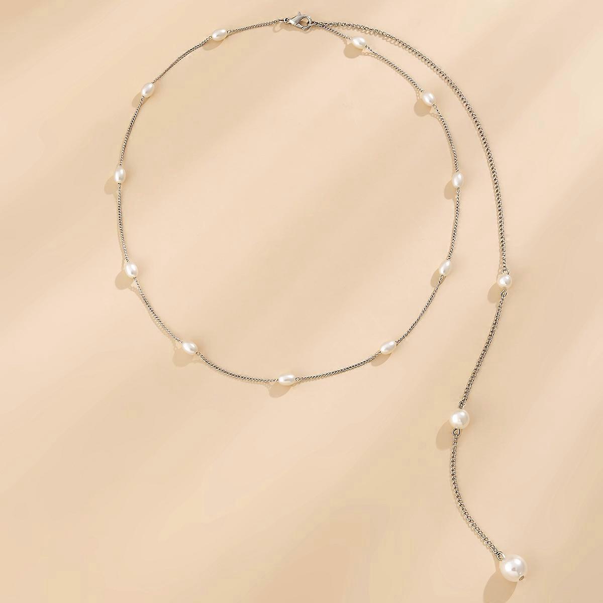 Pearl Back Chain Necklace Bridal Summer Long (silver) | Fruugo UK