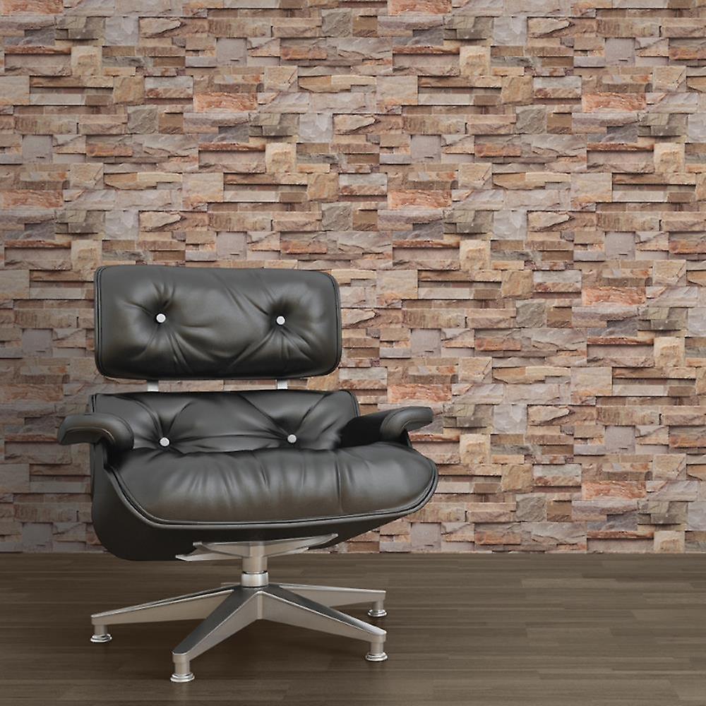 3D Effect Natural Slate Tile Brown Orange Wallpaper Brick Stone ...
