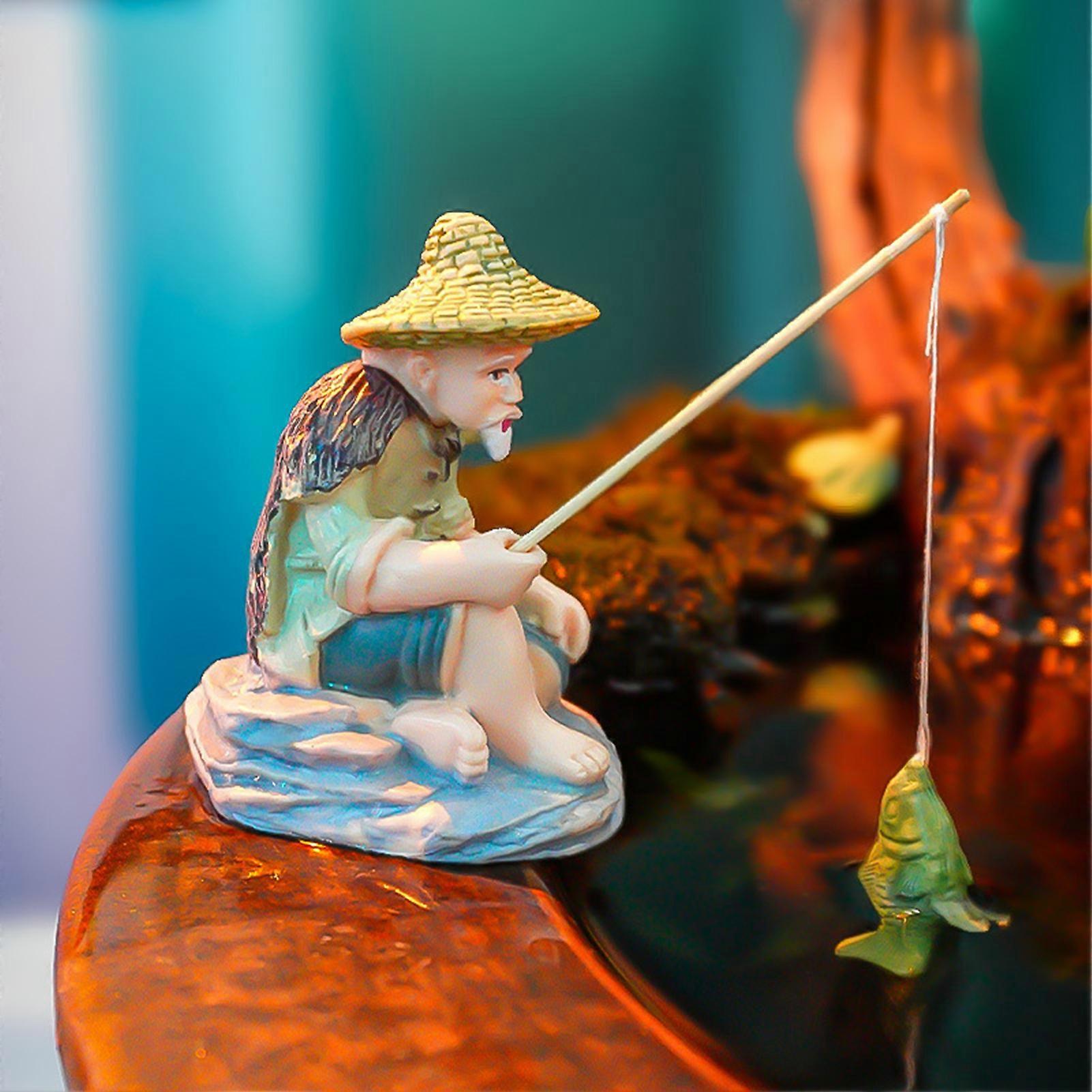 Fish Tank Sitting Fishing Figurine Sandstone Fisherman Statue Miniature ...
