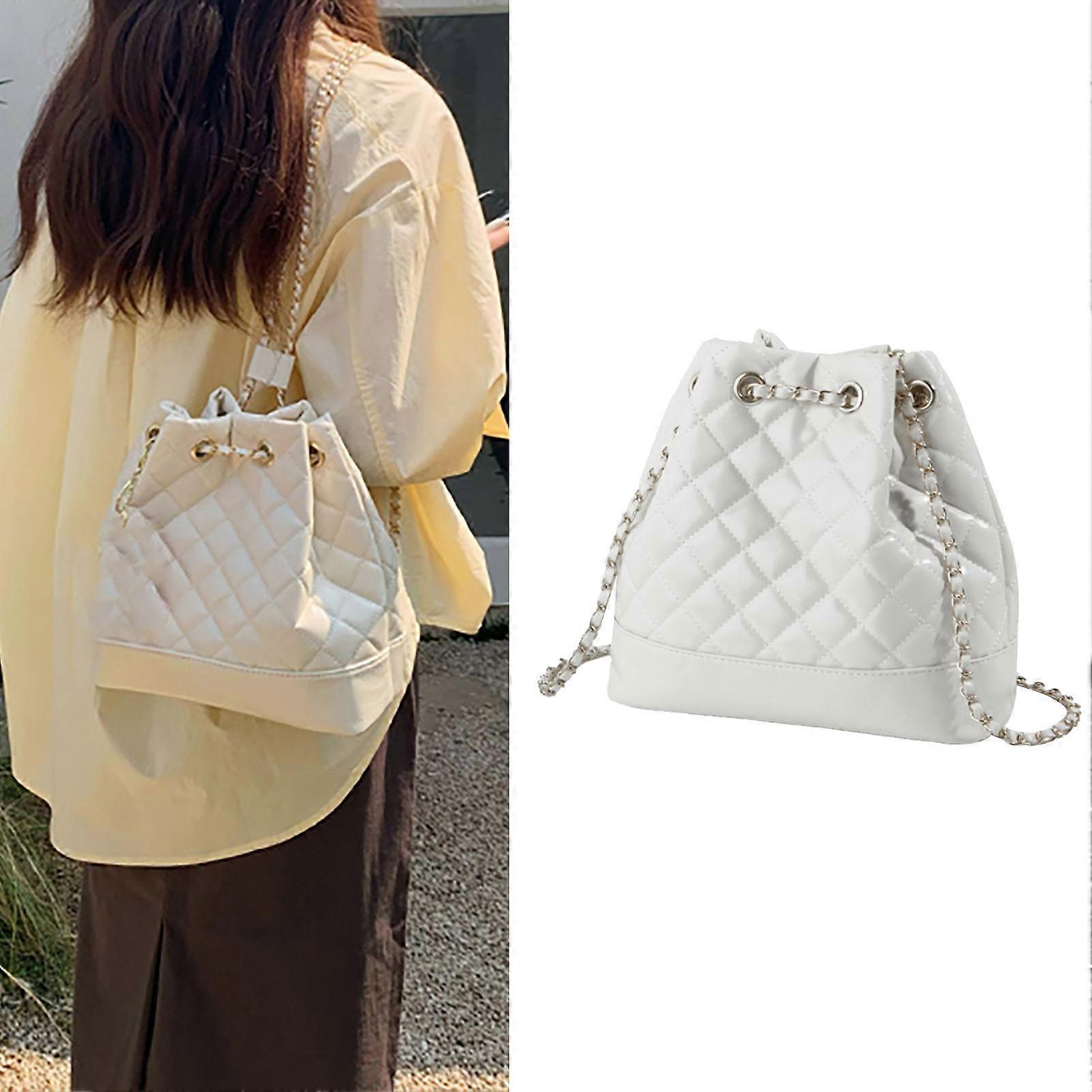 Women Bucket Bag Drawstring Rhomboid Patterns Double Chain Straps Pu ...