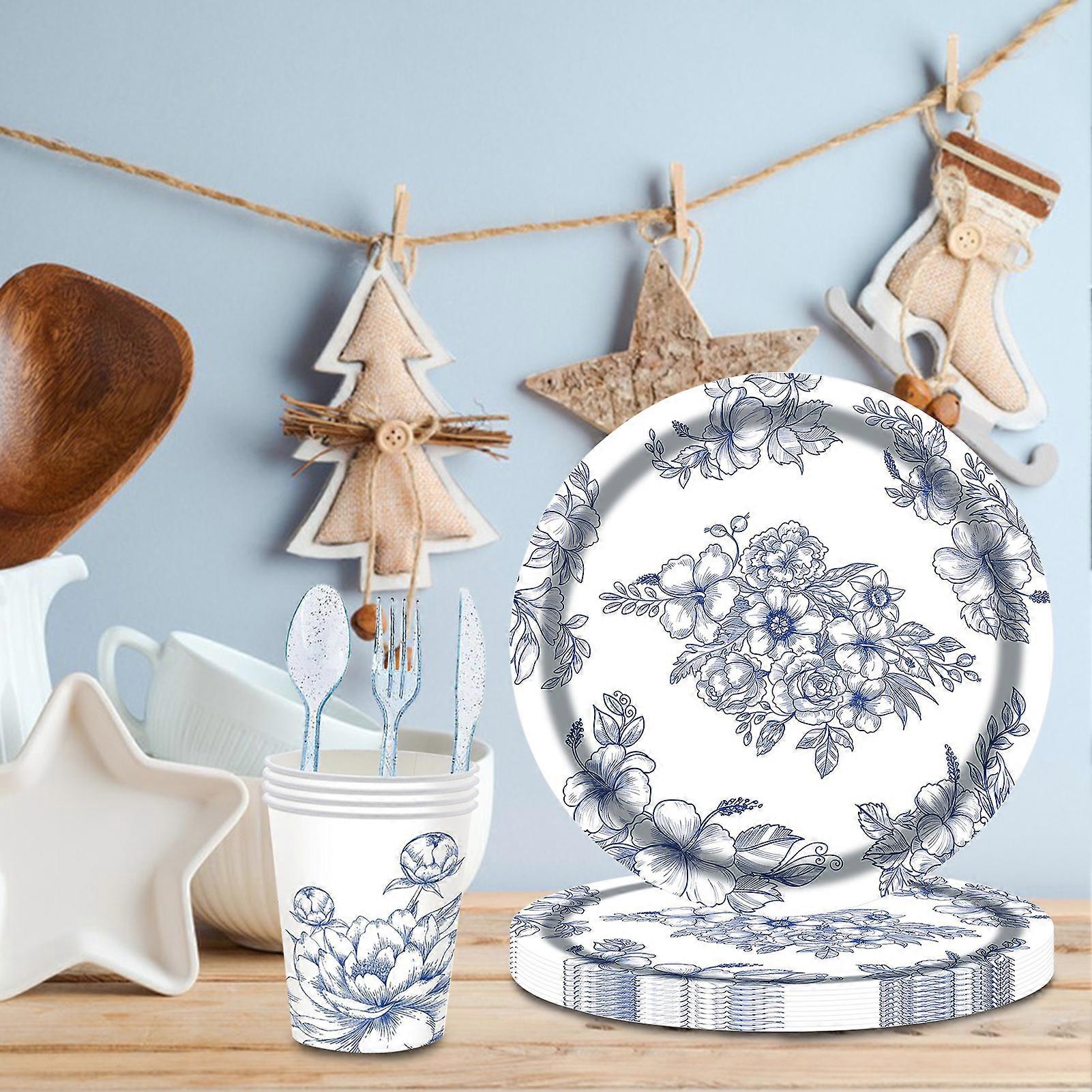 24Pcs Disposable Dinner Plates Set Microwave-Safe Blue Paper Plates ...