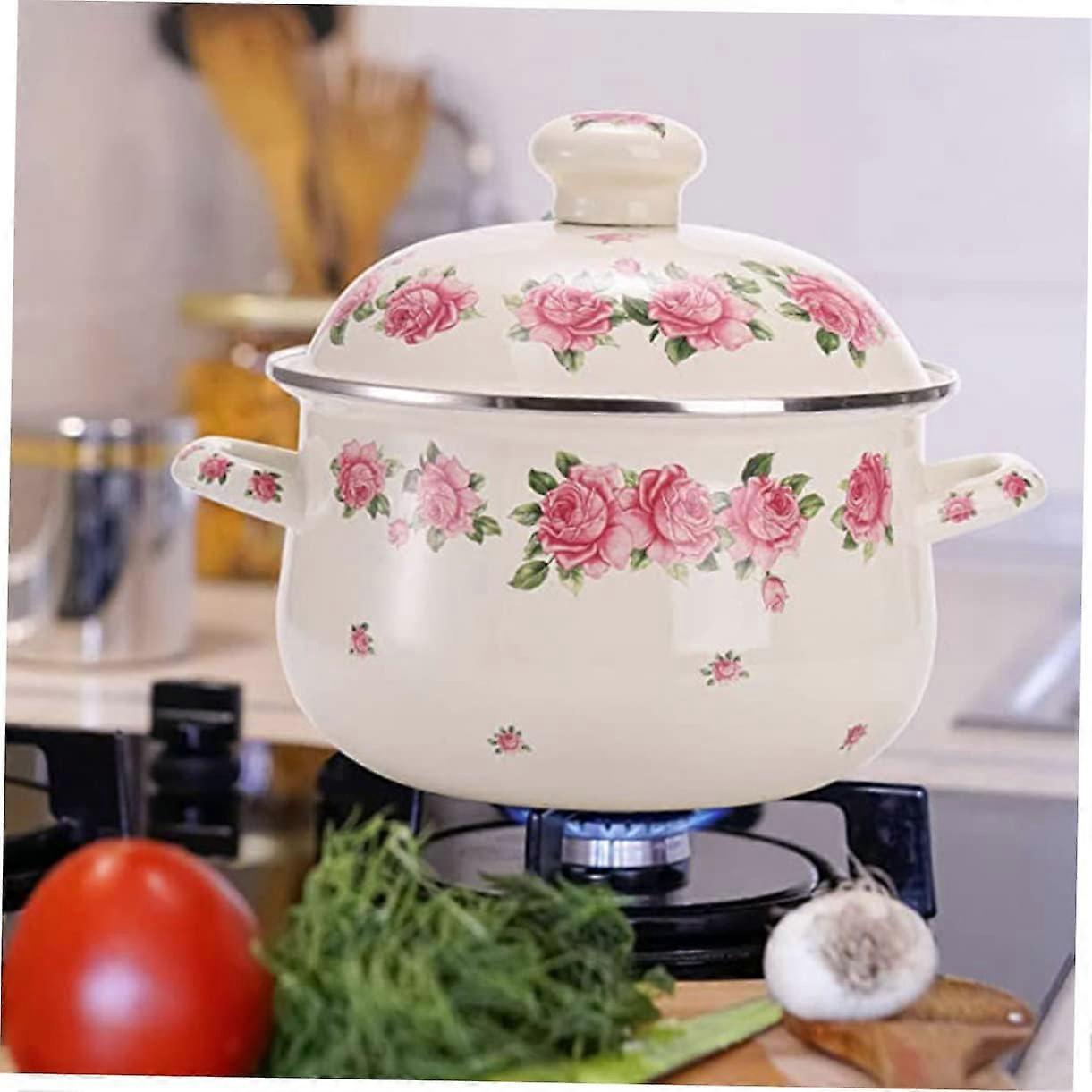 Enamel Stew Pot with Lid Vintage Kitchen Pot for Induction and Gas ...