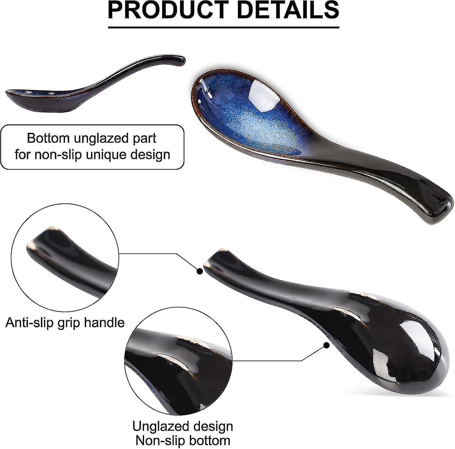 Asian Soup Spoon Set, Blue Japanese Soup Spoon Ceramic Chinese Soup ...