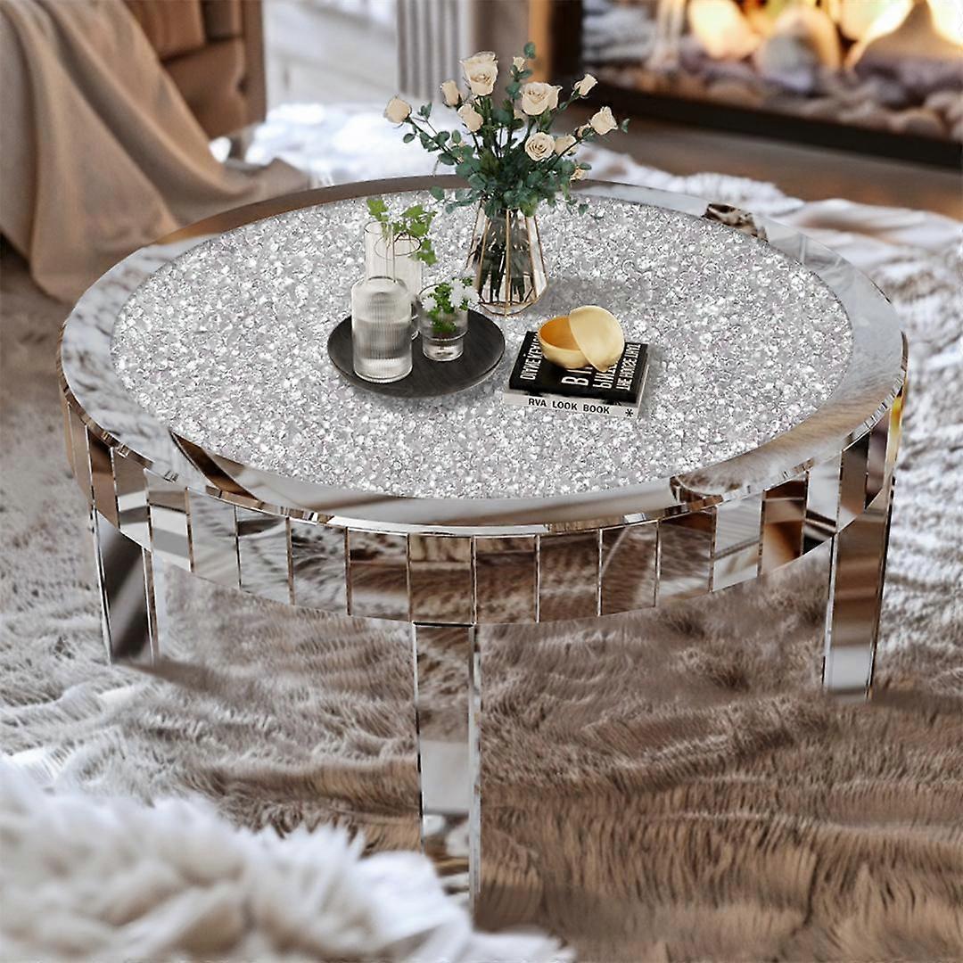 FATIVO Large Round Mirrored Coffee Table Beveled Bling Crushed Diamond ...