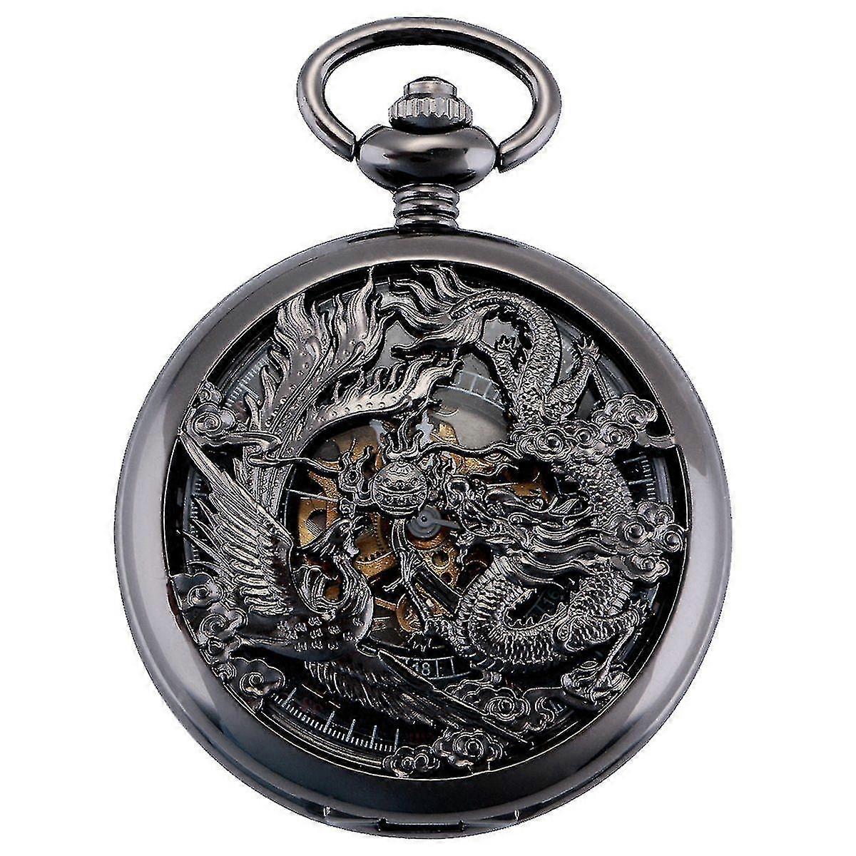 Retro Men's Pocket Watch With Chain Analogue Manual Winding Dragon ...