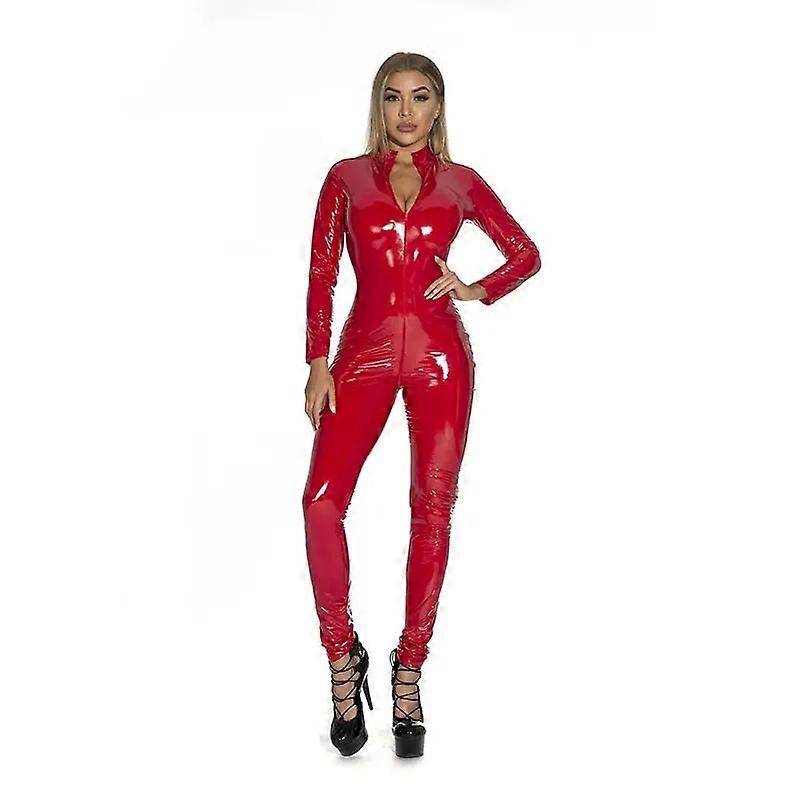 Sexy Women Faux Leather Catsuit PVC Latex Bodysuit Front Zipper Open ...