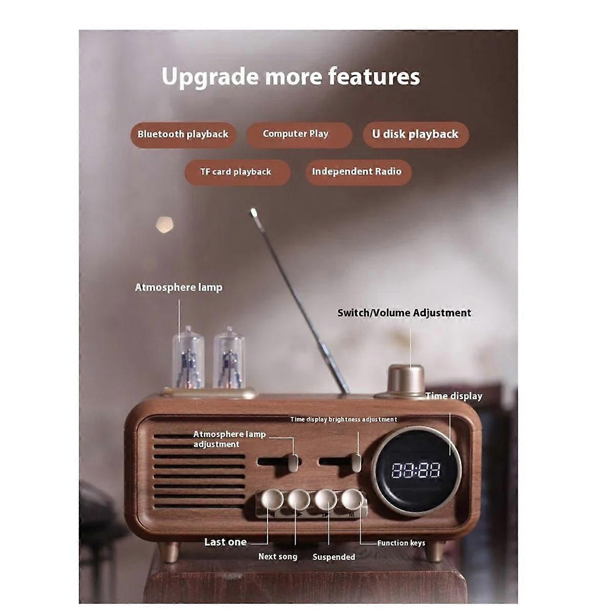 Portable Retro Bluetooth Speaker FM Radio Wireless Subwoofer with Time ...
