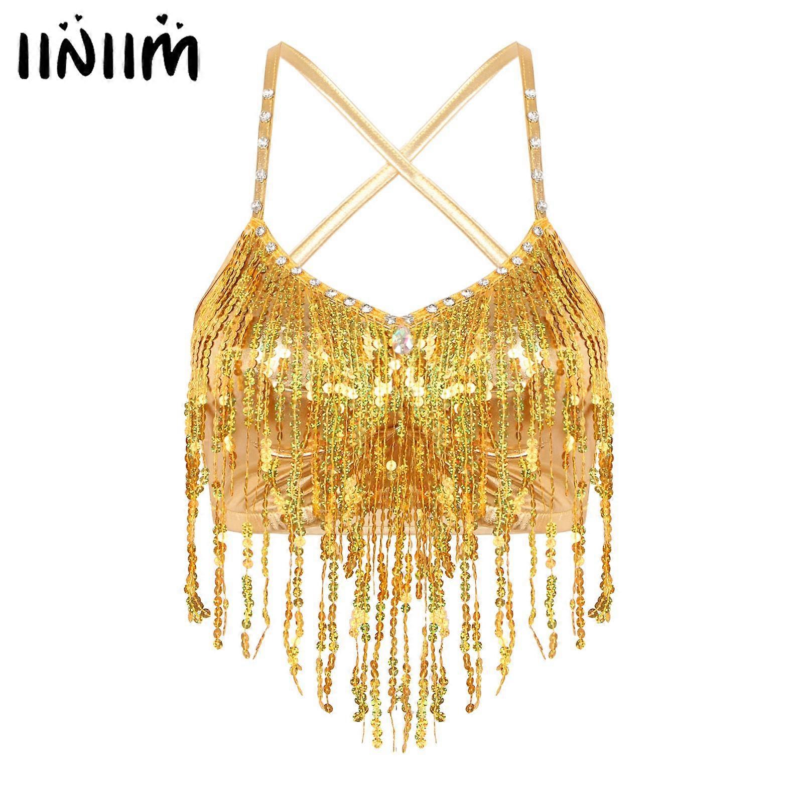 Womens Shiny Sequin Belly Dance Vest Tops Fringed Crop Top Rhinestone V ...