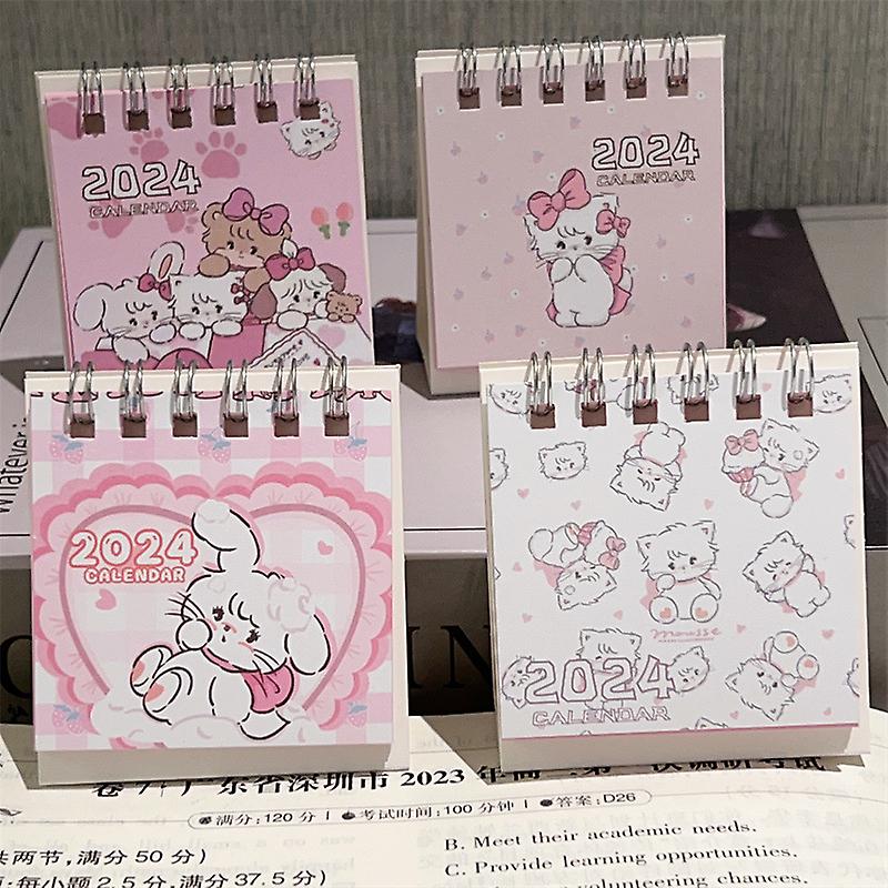 2024 Cartoon Pink Cat Desk Calendar Mini Cute Standing Flip Desktop ...
