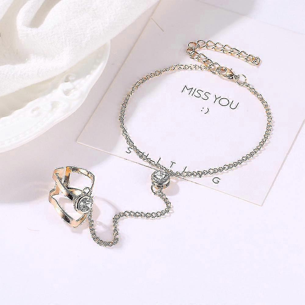 Women Wrist Chain Hand Back Chain Gold Crystal Ring Bracelet Jewelry ...