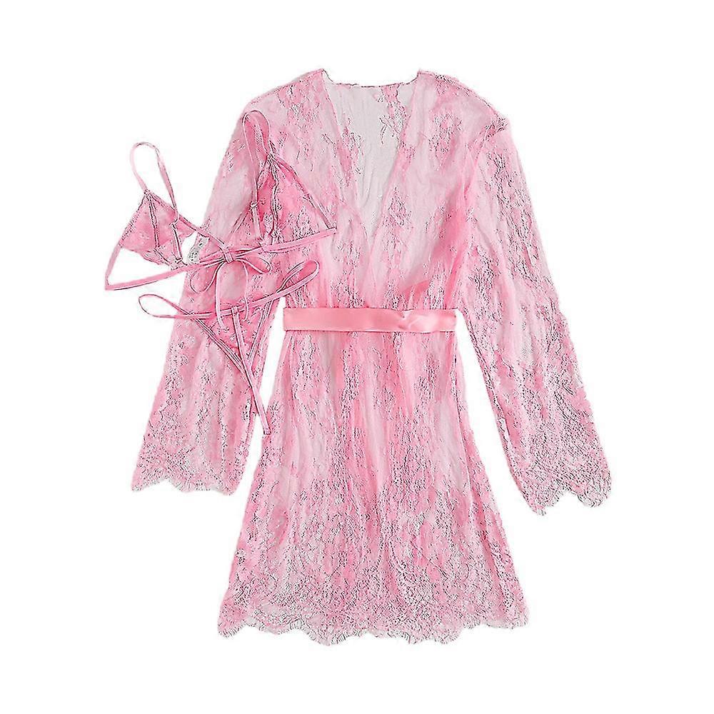 Women Sexy Lace Lingerie Kimono Robe G-string Thong Bra Set Nightgown ...
