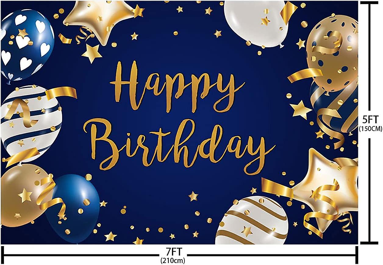 7x5ft Happy Birthday Backdrop Navy Blue Background Gold Stars Blue White Stripe Balloons ...