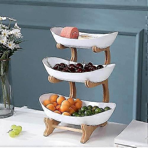 Zc 3 Tier Fruit Basket, 3 Tier Ceramic Fruit Holder With Natural Bamboo ...