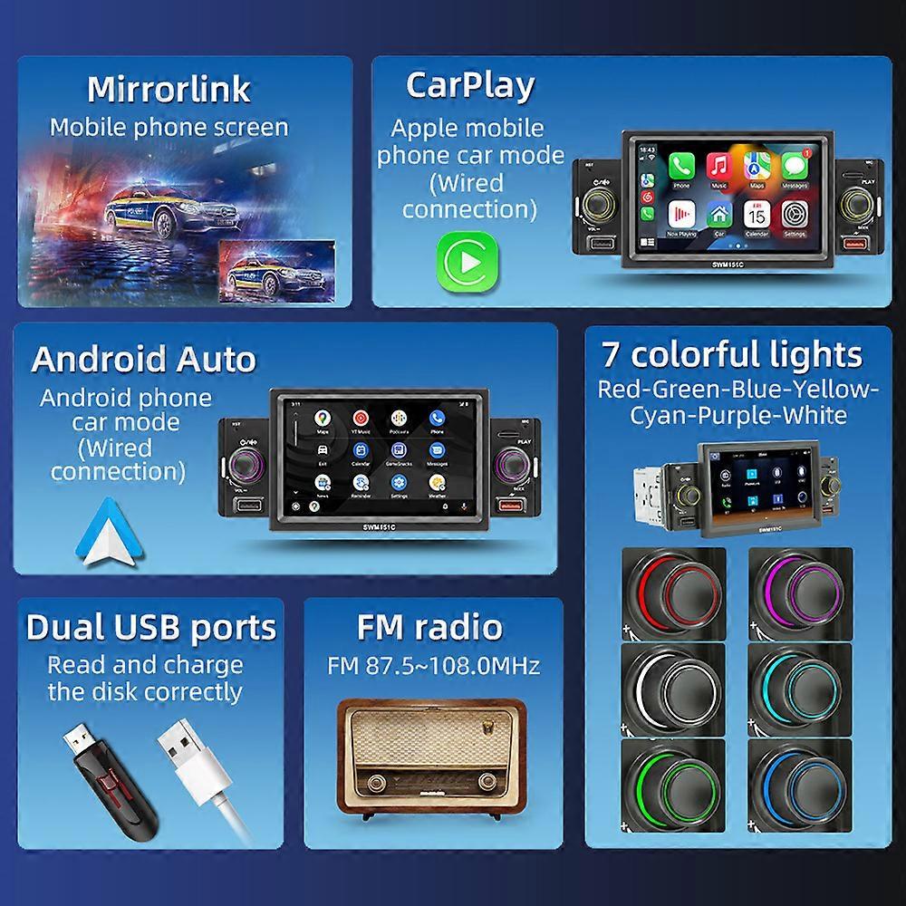 Rádio Automotivo 1 Din 5 polegadas tela CarPlay Android Auto Estéreo ...