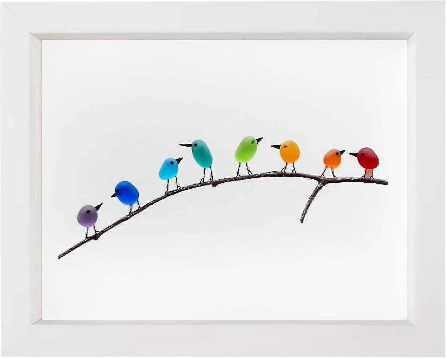 Sea Glass Rainbow Birds, Sea Glass Birds On Branch, Framed Unique ...