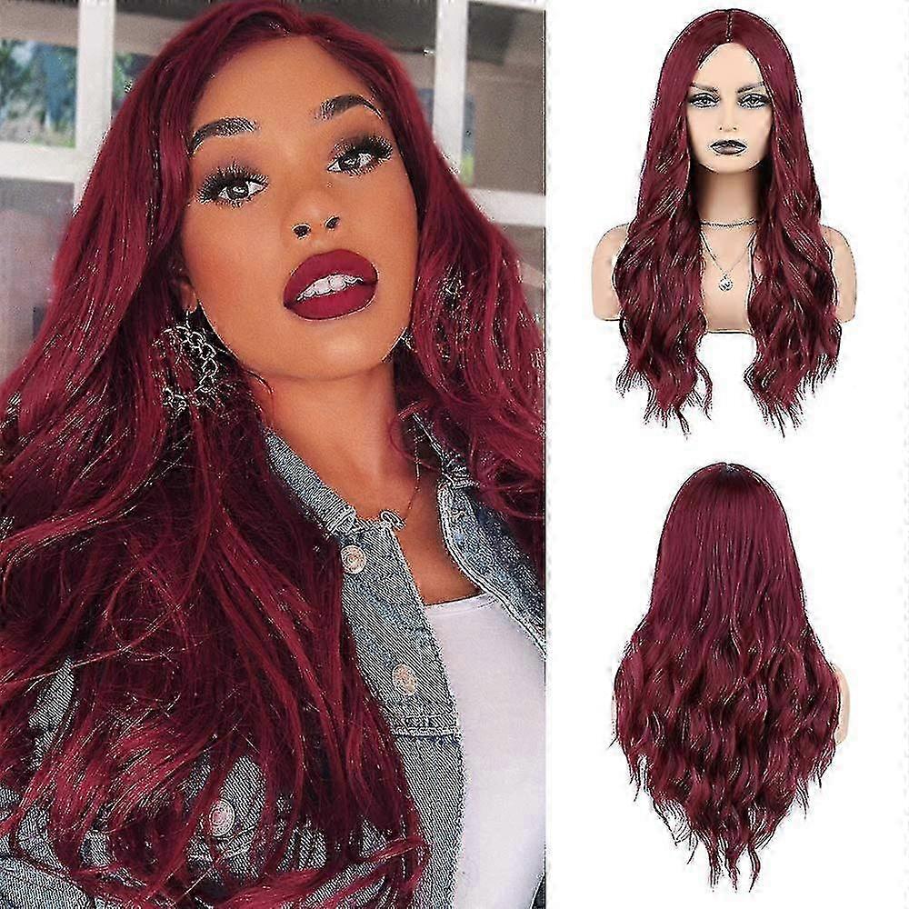 Red Middle Part Wig Long Middle Part Wavy Light Burgundy Lace Front Wigs