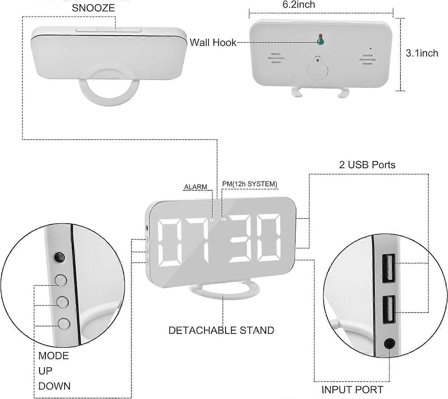 2024,Digital Alarm Clock,Mirror Surface LED Electronic Clocks,with USB ...