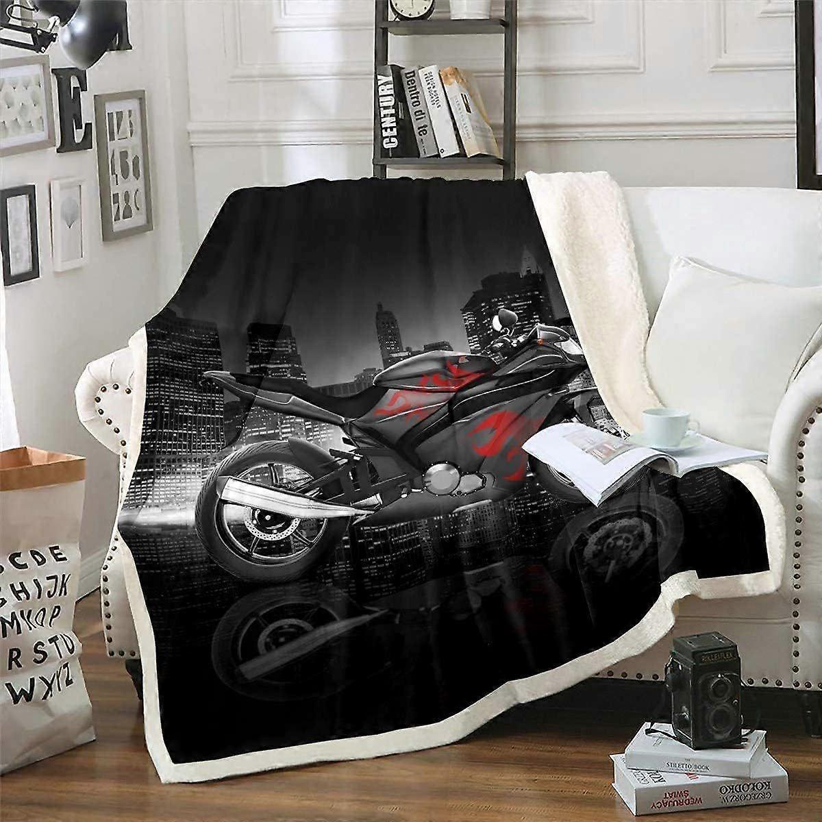 Men Motorcycle Pattern Fleece Blanket Cool Black Red Motorbike Sherpa Throw Blanket for Sofa ...